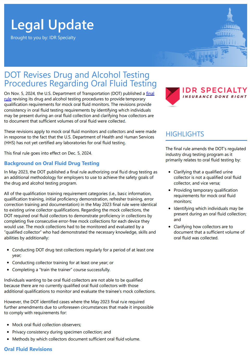 DOT Revises Drug and Alcohol Testing Procedures Regarding Oral Fluid ...