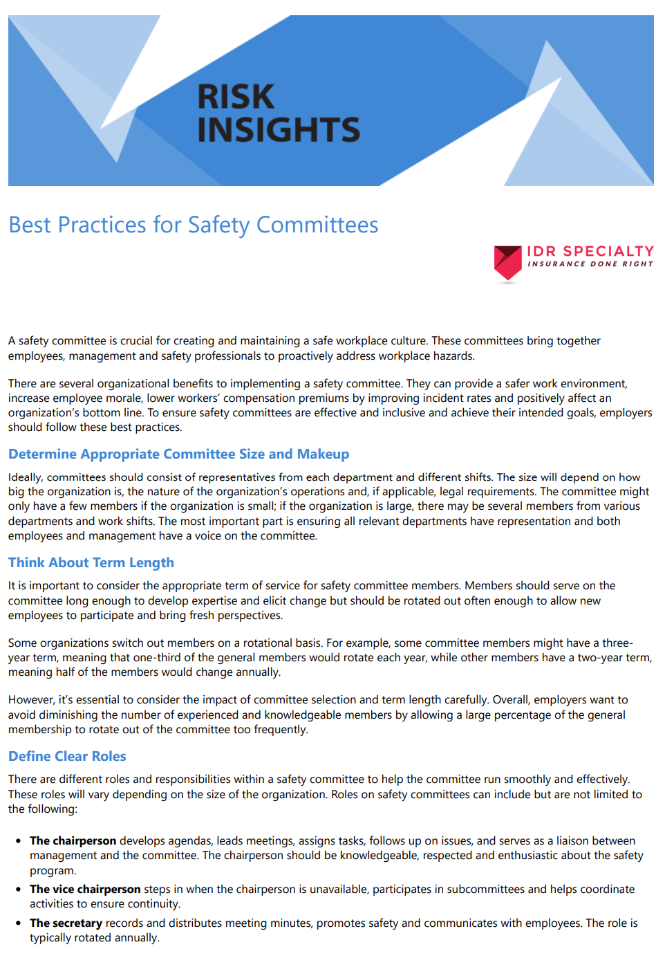 Risk Insights - Best Practices for Safety Committees - IDR Specialty